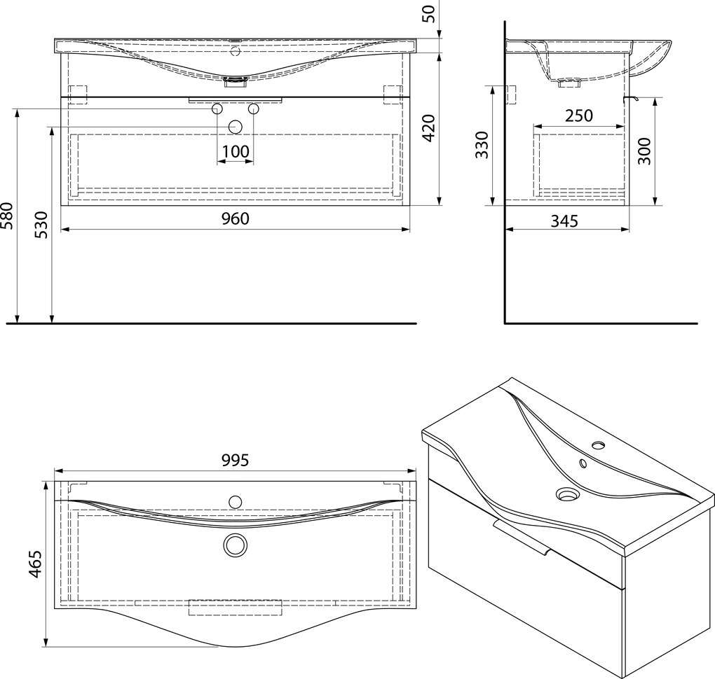 Aqualine Akira koupelnová skříňka pod umyvadlo 96 x 42 x 34,5 cm bílá AK210