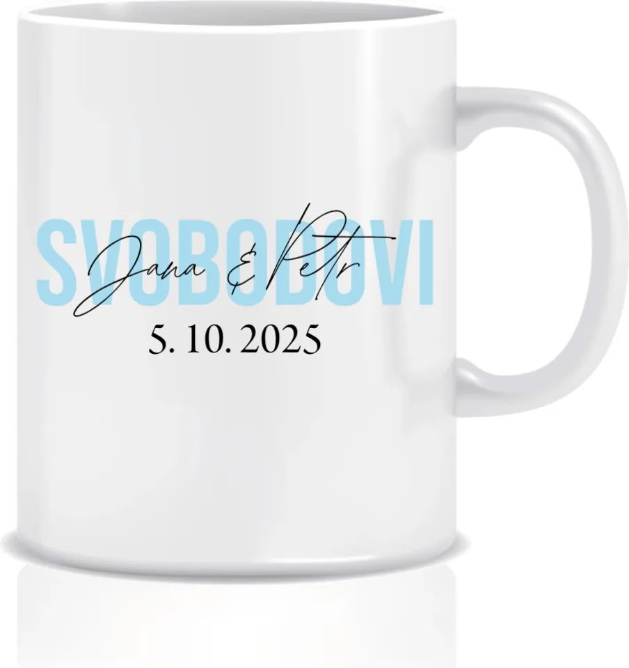 Personalizovaný klasický bílý keramický hrníček 300 ml se jmény novomanželů