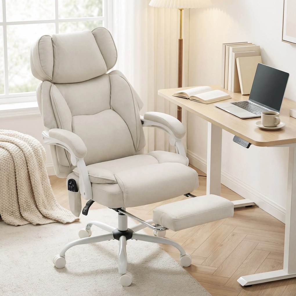 HOMCOM Kancelářská židle s vysokým opěradlem s vibrační masáží a vyhříváním, ergonomická, naklápěcí, s opěrkou nohou, krémově bílá