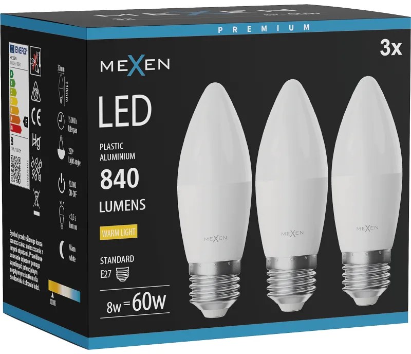 Mexen Nova 3x LED žárovka E27, C37, 8W, Teplá - 3000K, 840 lm - L102-E27-0830-01x03