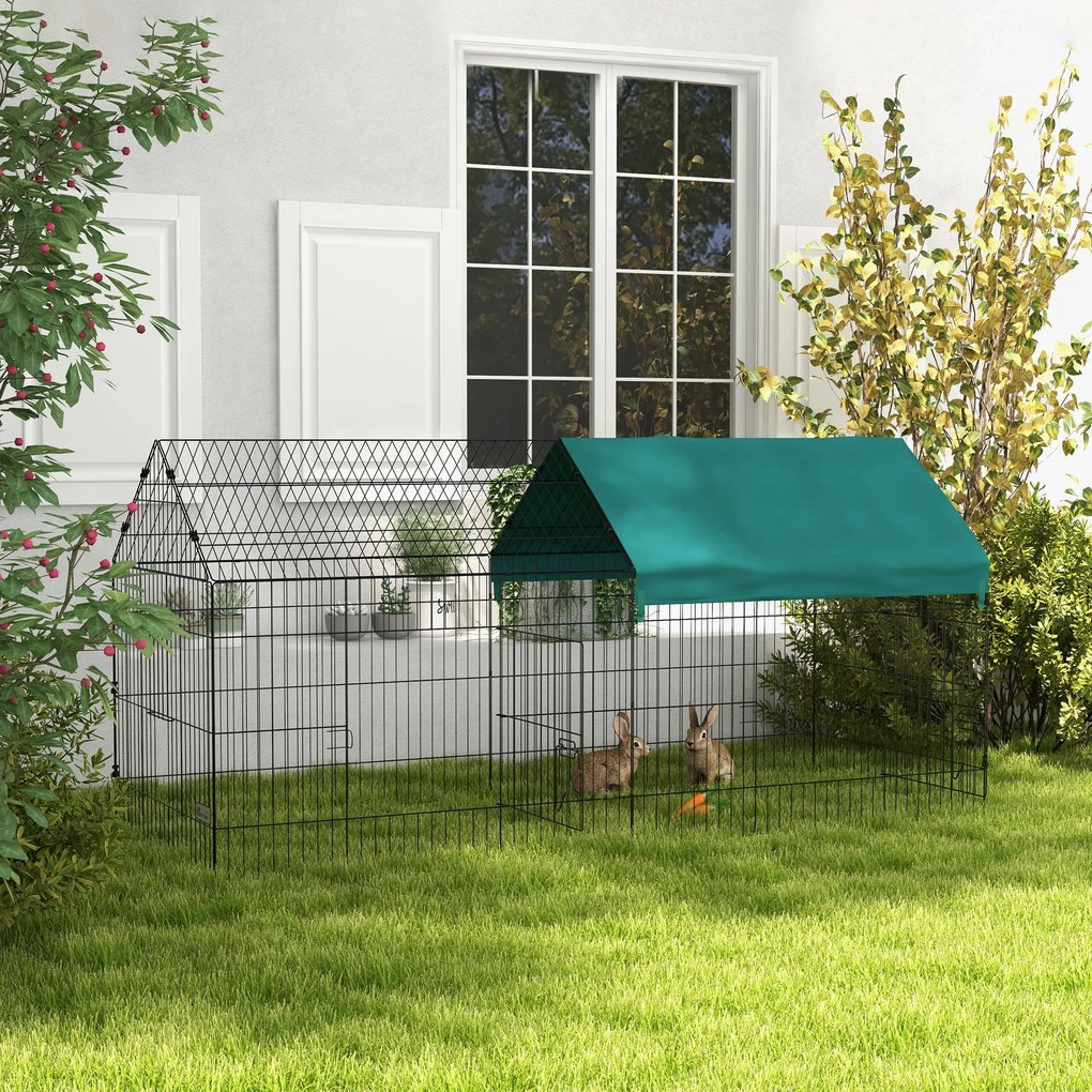 Volný výběh PawHut 220 x 85 x 103 cm pro malá zvířata, s krytem a 4 dvířky, ideální výběh pro morčata z oceli v zelené barvě