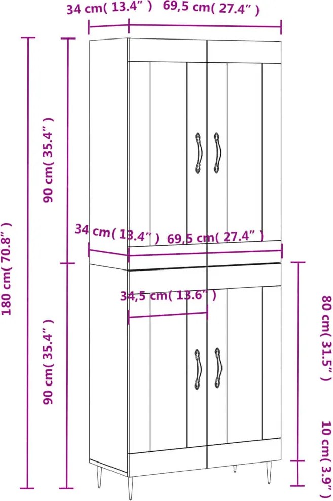 vidaXL Skříň highboard 69,5 x 34 x 180 cm kompozitní dřevo [3199605] Barva: hnědý dub