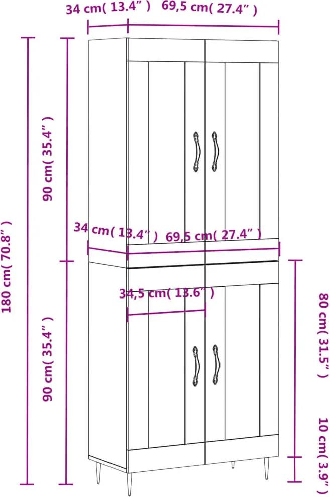 vidaXL Skříň highboard 69,5 x 34 x 180 cm kompozitní dřevo [3199605] Barva: šedá sonoma