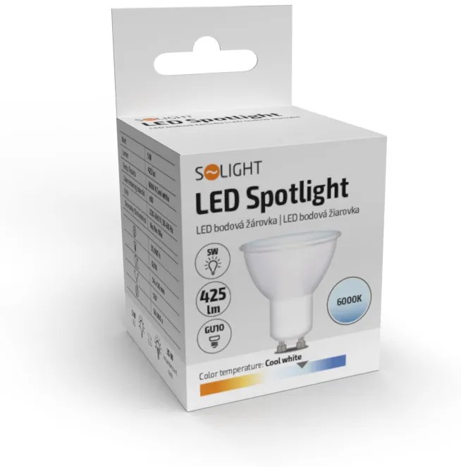 SOLIGHT LED žárovka bodová PAR16 5W, GU10, 6000K, 425lm, denní modrá