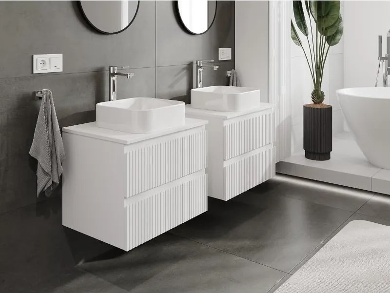 Mexen Rivel koupelnová skříňka pod umyvadlo 60 cm s deskou, 2 zásuvky, drážkovaná, bílá mat - 91A20-06047-2-BFFC01