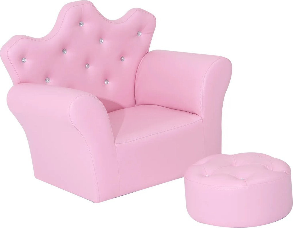 HOMCOM dívčí křeslo měkká pohovka s křišťálovými knoflíky taburet růžový útulný pro děti od 3 let 58x40,5x49cm