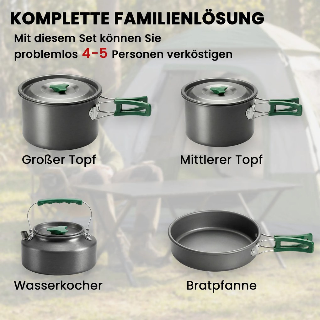 Outsunny kempingová sada nádobí 5dílná outdoor sada nádobí s rukojetmi chránícími před opařením, hrnec, pánev pro 4-5 osob, šedá