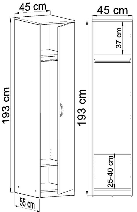 Úzká šatní skříň SIMELA - šířka 45 cm, dub sonoma / bílá