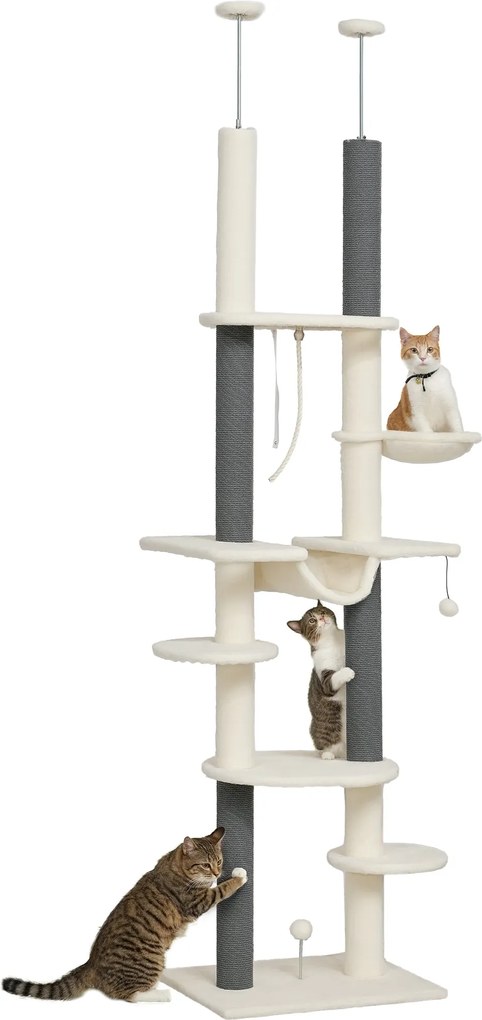 PawHut Stropní Škrabadlo, Kočičí Strom, 225-255 cm, Škrabadlo s Houpacími Síťmi, Škrabadly, Košem, Hracím Míčem, Kočičí Nábytek s Ochranným Mechanisme