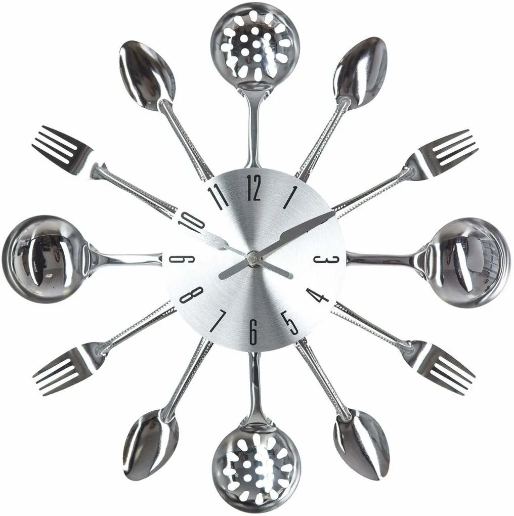 Stříbrné nástěnné hodiny do kuchyně nebo jídelny, designové ozdobné hodiny s rámem z kuchyňských příborů (3560234473881)