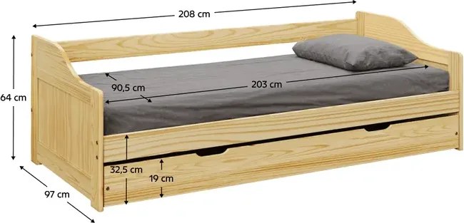 Postel s výsuvnou přistýlkou, přírodní, masiv, 90x200, LAURA NEW