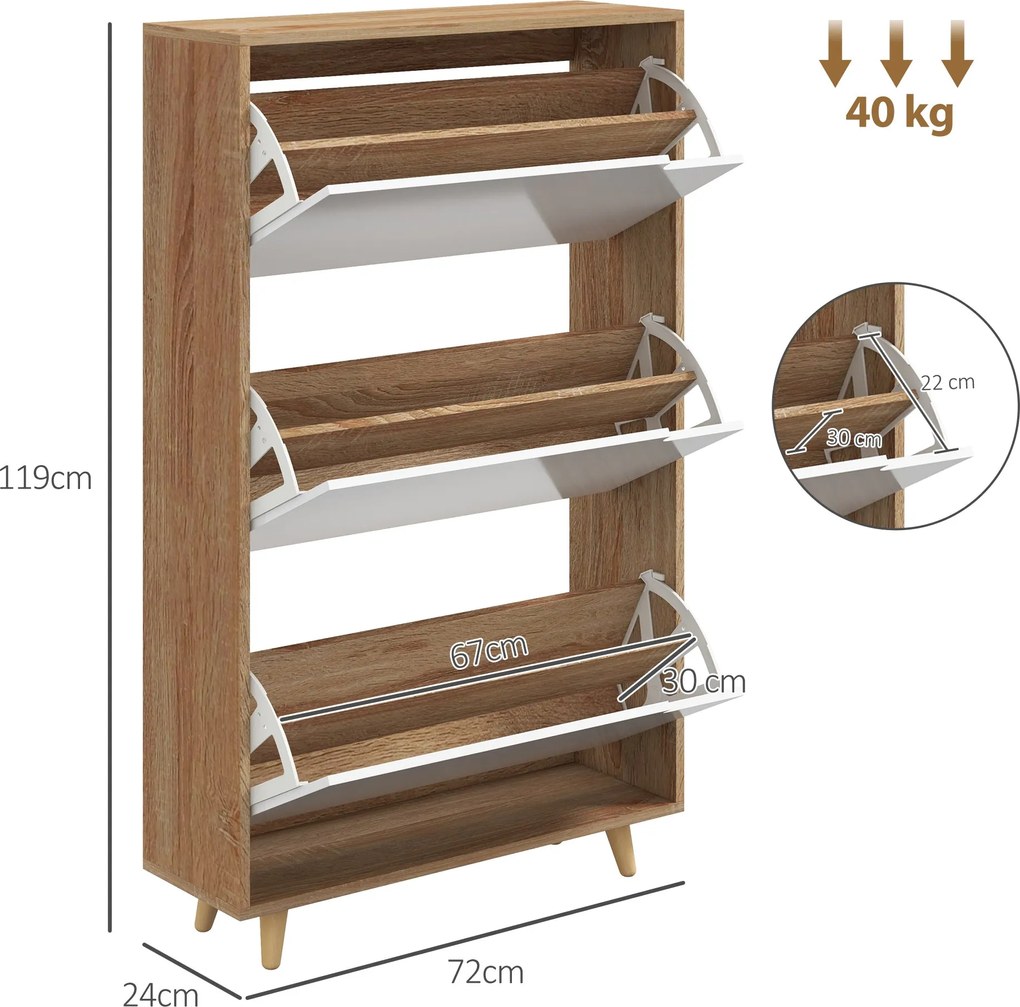 HOMCOM Botník se 3 dveřmi, regál na boty s nastavitelnou policí, 72Š x 24H x 119V cm, Přírodní a Bílý | Aosom