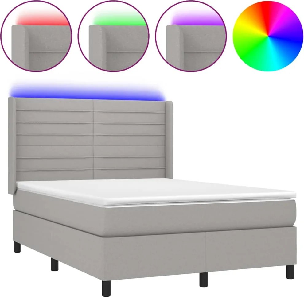 Box spring postel s matrací a LED světle šedá 140x200 cm textil 3138397