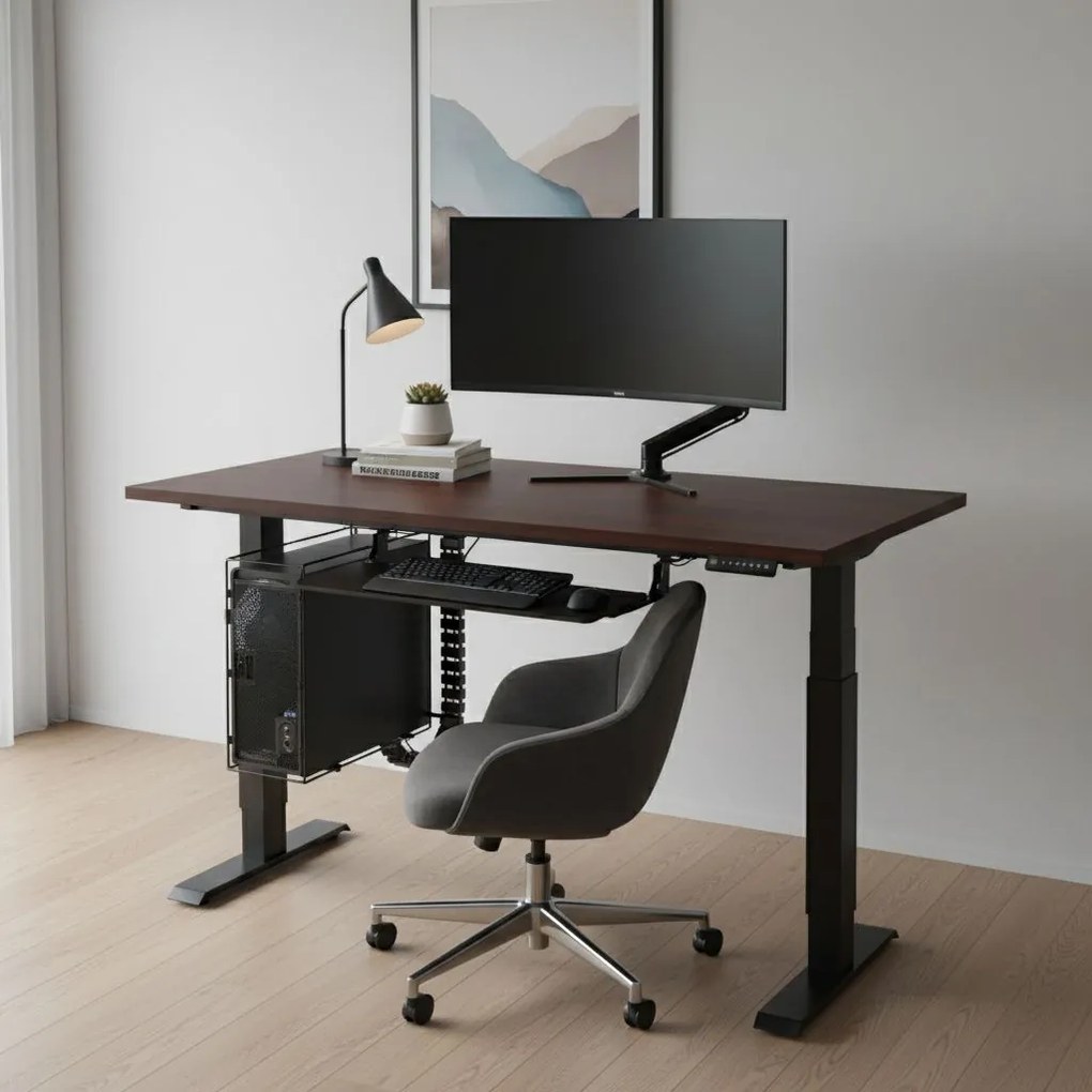 Výškově nastavitelný stůl OfficeTech B, 140 x 80 cm, černá podnož, wenge