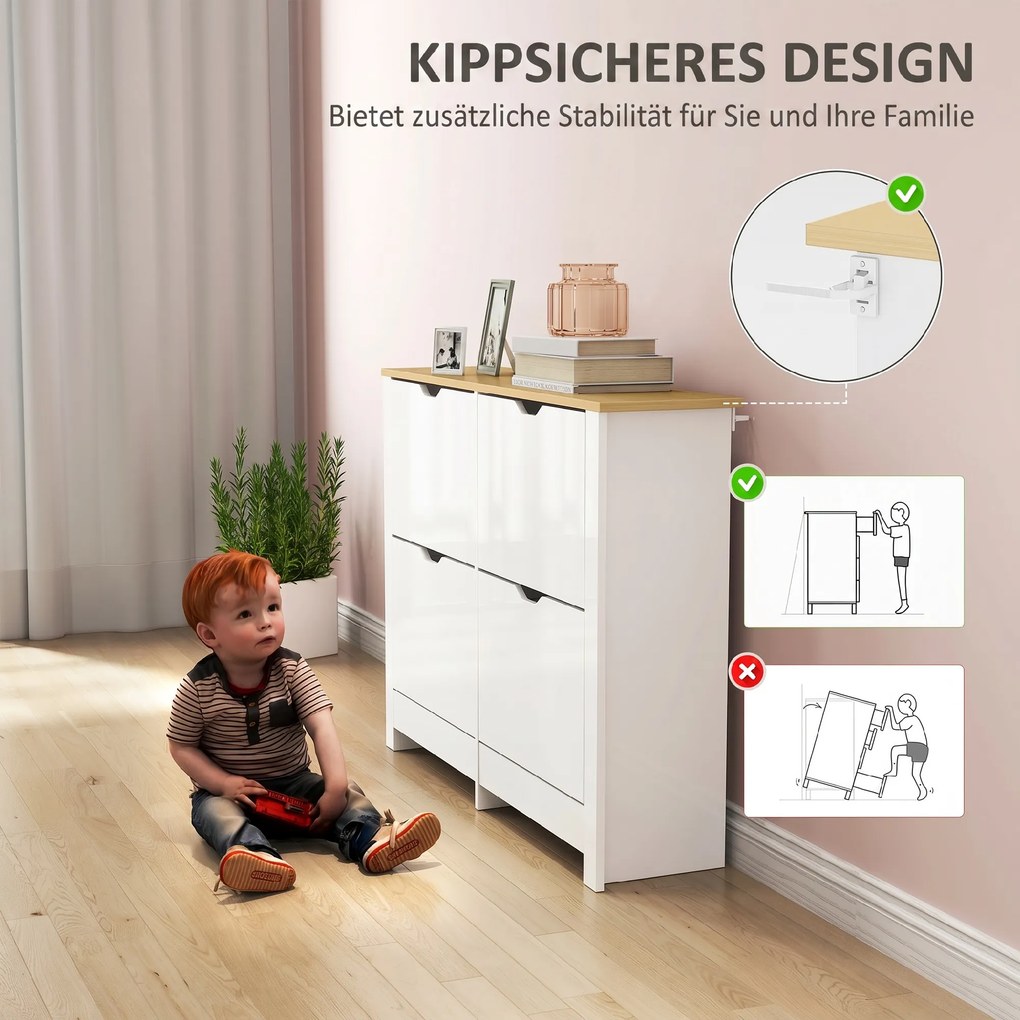 HOMCOM úzký botník s 4 výklopnými přihrádkami – úsporný regál na boty až pro 16 párů, 105 × 26 × 80 cm (bílá / přírodní)