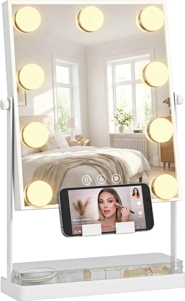 HOMCOM Hollywood make-up zrcátko s osvětlením, 9 LED lamp, 3 barvy, dotykový spínač, držák na mobil, bílé