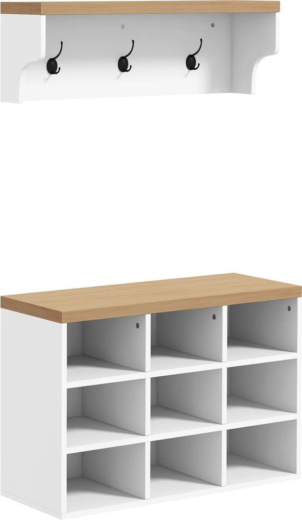 HOMCOM Stojan na kabáty a botník 2 v 1 - Vstupní nábytek se 3 háčky a policemi pro 9 párů bot 75x30x50 cm a 75x20x22,5 cm Bílý | Aosom