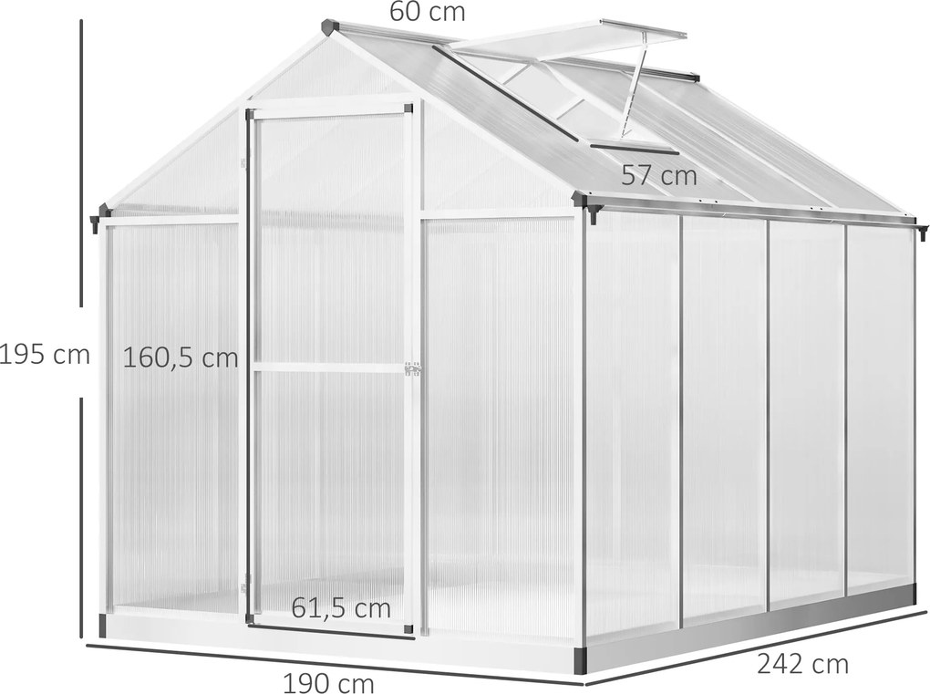 Zahradní skleník Outsunny z hliníku a polykarbonátu 4,6 m² rozměr 2,42D x 1,9Š x 1,95V m s dveřmi na zámek a oknem