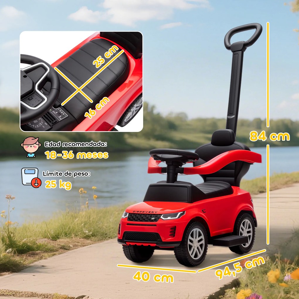 AIYAPLAY chodítko 2v1 LAND ROVER DISCOVERY, 18–36 měsíců, s úložným prostorem a tlačnou rukojetí, červená