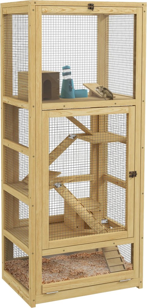 Klec pro křečka nebo myš PawHut, dřevěná pro malá zvířata, 5 úrovní s žebříkem, domeček, houpačka, odnímatelný tác, dávkovač vody, 54 x 38 x 131 cm, …