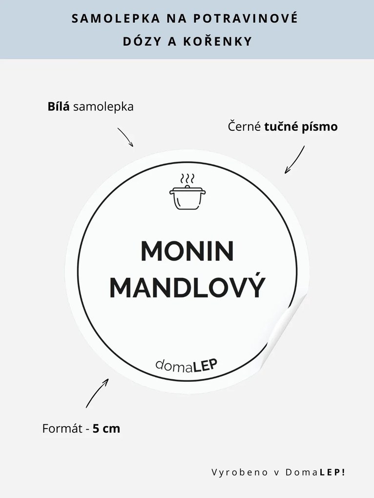 Samolepka na láhev MONIN MANDLOVÝ průměr 5 cm – bílá vinylová, voděodolná, omyvatelná samolepka na dózy, tučné písmo