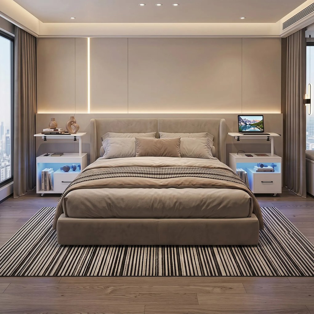 Costway Noční stolek s kolečky LED s nabíjecí stanicí a zásuvkami v bílé barvě