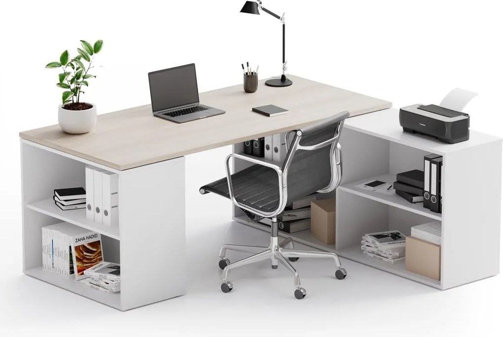 Kancelářský psací stůl s úložným prostorem BLOCK B01, 180 × 160 cm, bílá/dub přírodní