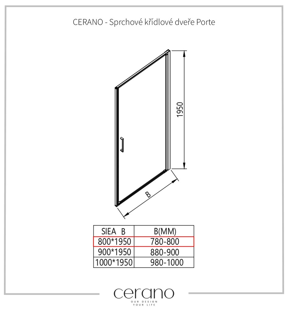 CERANO - Sprchové křídlové dveře Porte L/P - 8 mm - černá matná, grafitové sklo - 80x195 cm, CER-CER-8050BD7248