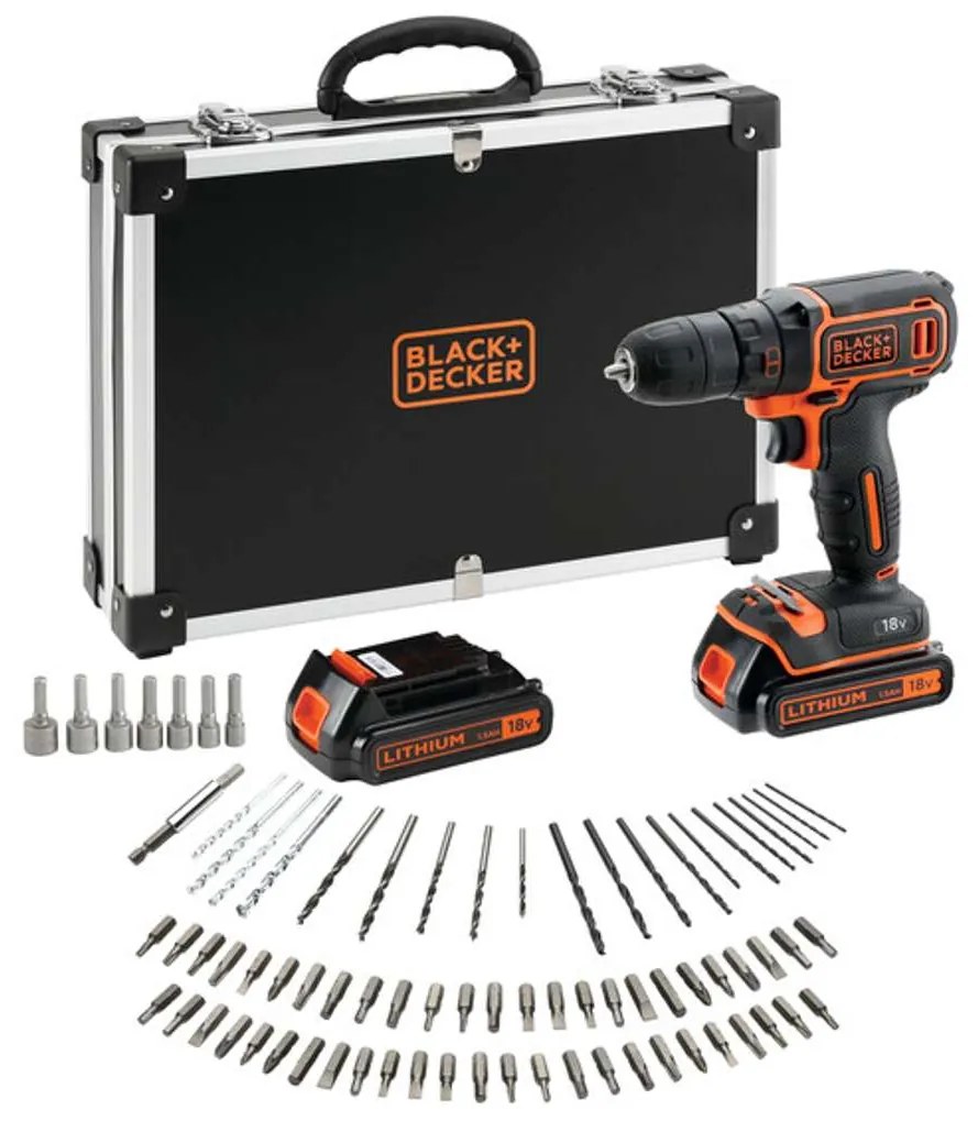 BLACK+DECKER Nářadí - 18V AKU vrtací šroubovák s příslušenstvím, 2x aku 1,5 Ah Li-Ion, nabíječka BDCDC18BAFC-QW
