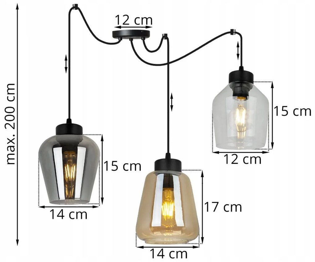 Závěsné svítidlo Rijeka Spider 3, 3x skleněné stínítko (mix 3 barev)