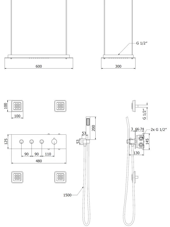 Mexen Soler, podomítkový sprchový set, černá matná, 7601-04-70