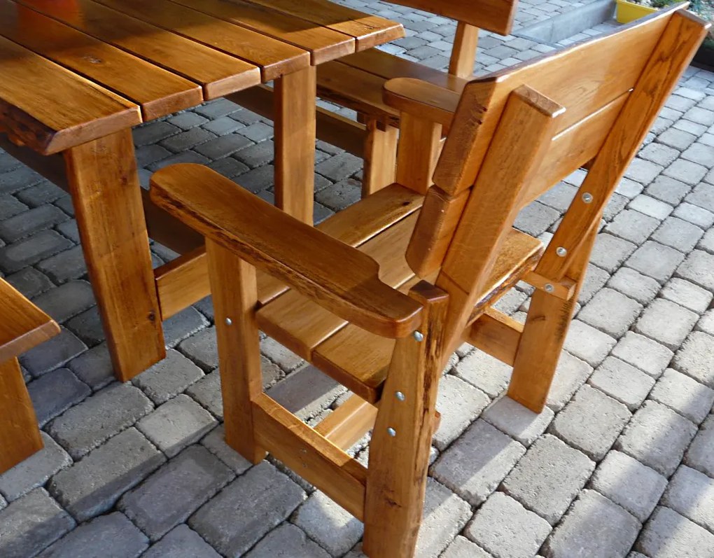 KULHÁNEK Zahradní dubová sestava - stůl, 2x lavice s opěradlem, 2x křeslo (rustikální provedení) Délka: 150 cm, Odstín nátěru: individuální