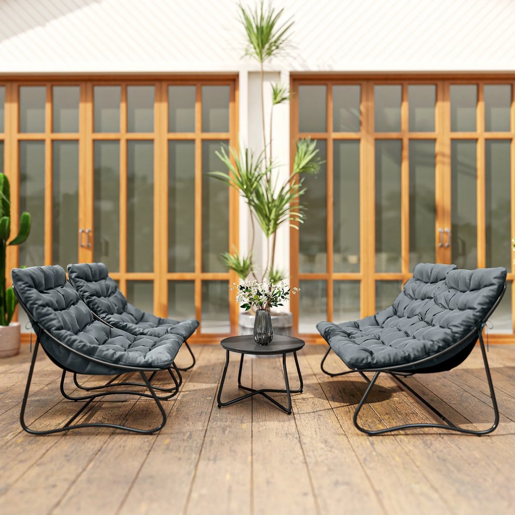 4-Sitzer Gartenmöbel-Set, 2 Stühle, 1 Doppel-Sofa, 1 Tisch, dicke Kissen, Stahlrahmen, für Terrasse, Grau