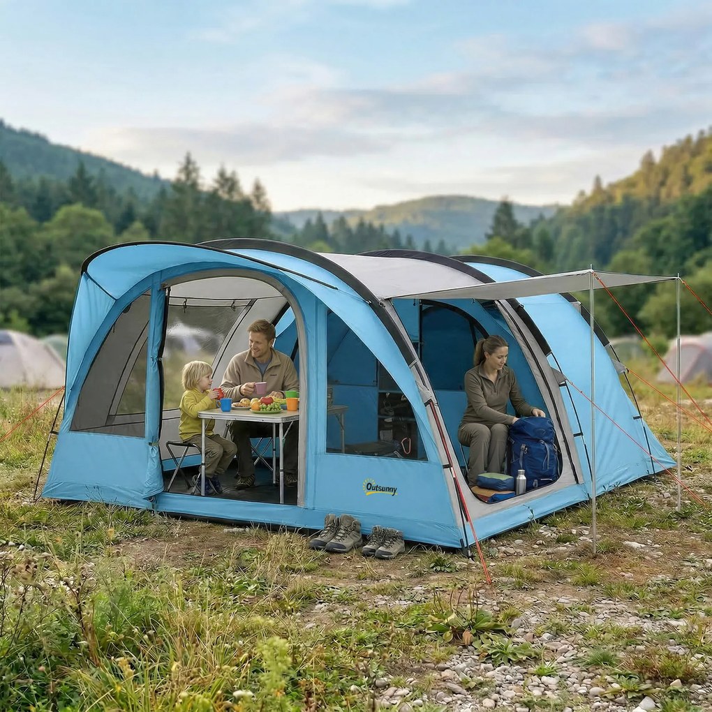 Rodinný tunelový stan Outsunny pro 4 osoby s obytným prostorem, odnímatelnou přepážkou, okny a integrovanou podlážkou — vodní sloupec 3000 mm (světle…