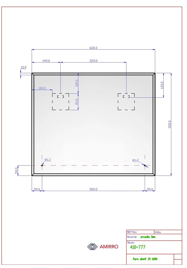 Amirro Zrcadlo na chodbu do koupelny předsíně nástěnné s poličkou PURE SHELF 60 x 50 cm s decentní leštěnou hranou s poličkou 410-777