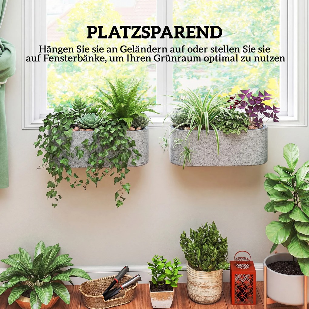 Outsunny sada 2 závěsných květináčů s drenážním systémem Háček s otvorem 42 x 16 x 15 cm Světle šedý
