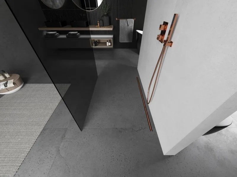 Mexen Kioto, sprchová zástěna Walk-In 110 x 200 cm, 8mm šedé sklo, měděný matný profil, 800-110-002-65-40