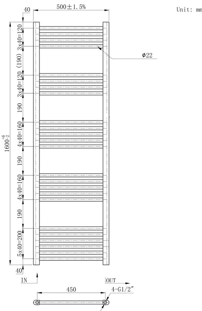 Gamma Erga Basic, topné těleso 1600x500 mm, 643 W, bílá, ERG-LAV-BASIC-16050-WH