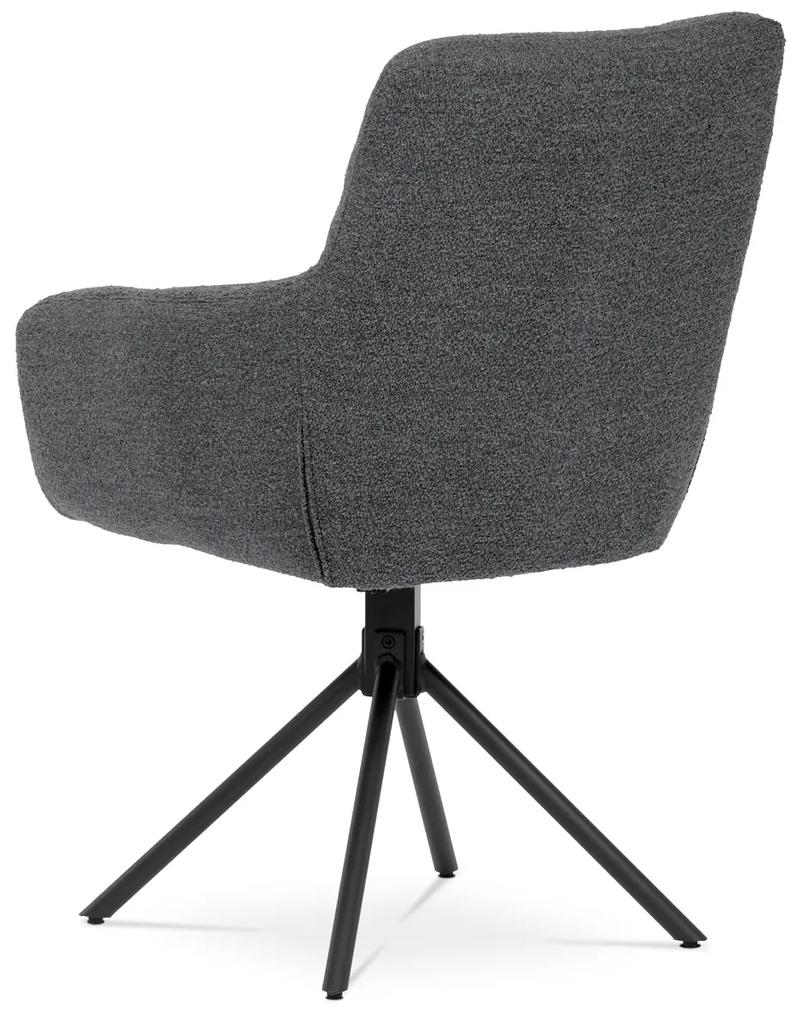 Jídelní židle, šedá látka BOUCLÉ, otočná s vratným mechanismem - funkce reset, černé kovové nohy