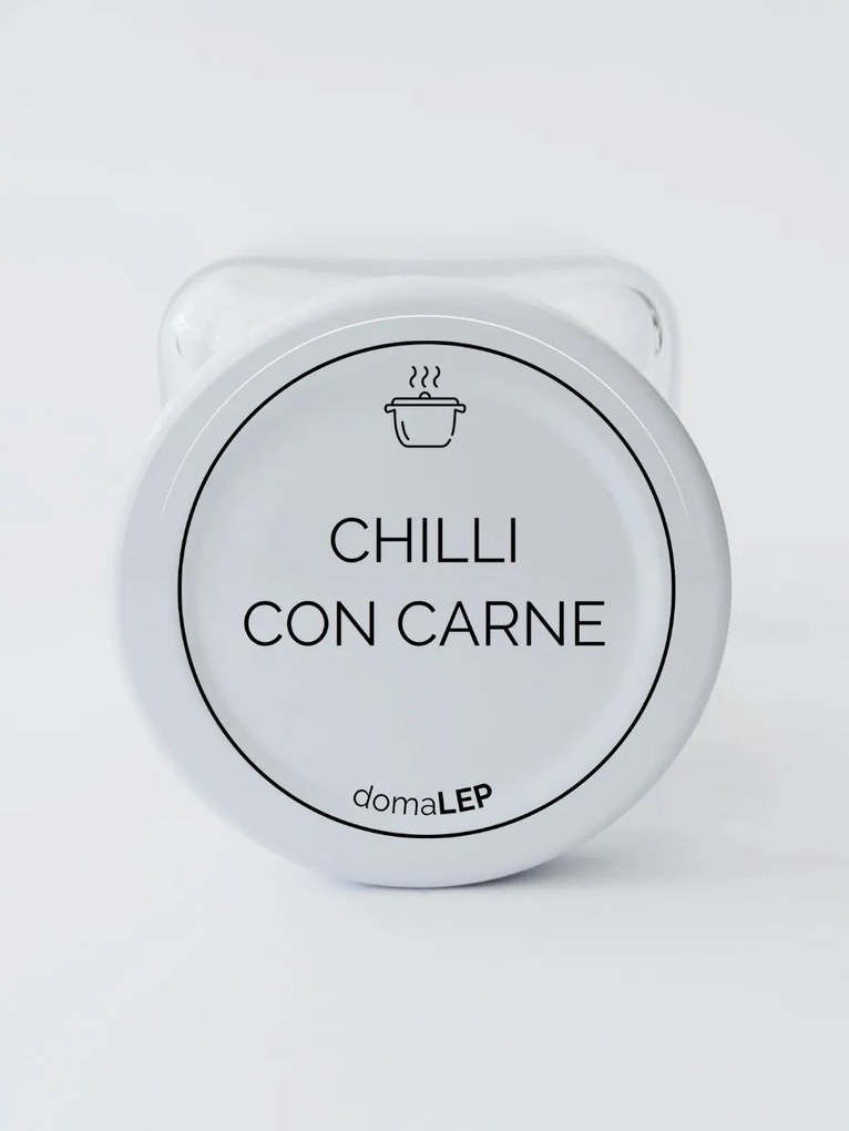 Samolepka na kořenky CHILLI CON CARNE průhledná 5 cm základní písmo
