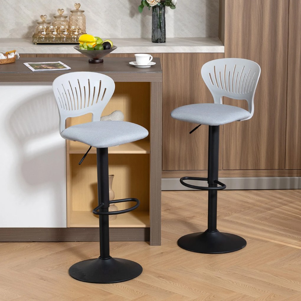 HOMCOM sada 2 barových stoliček 360° — výškově nastavitelné 84,1–104,9 cm, větrané opěradlo, opěrka nohou, šedé
