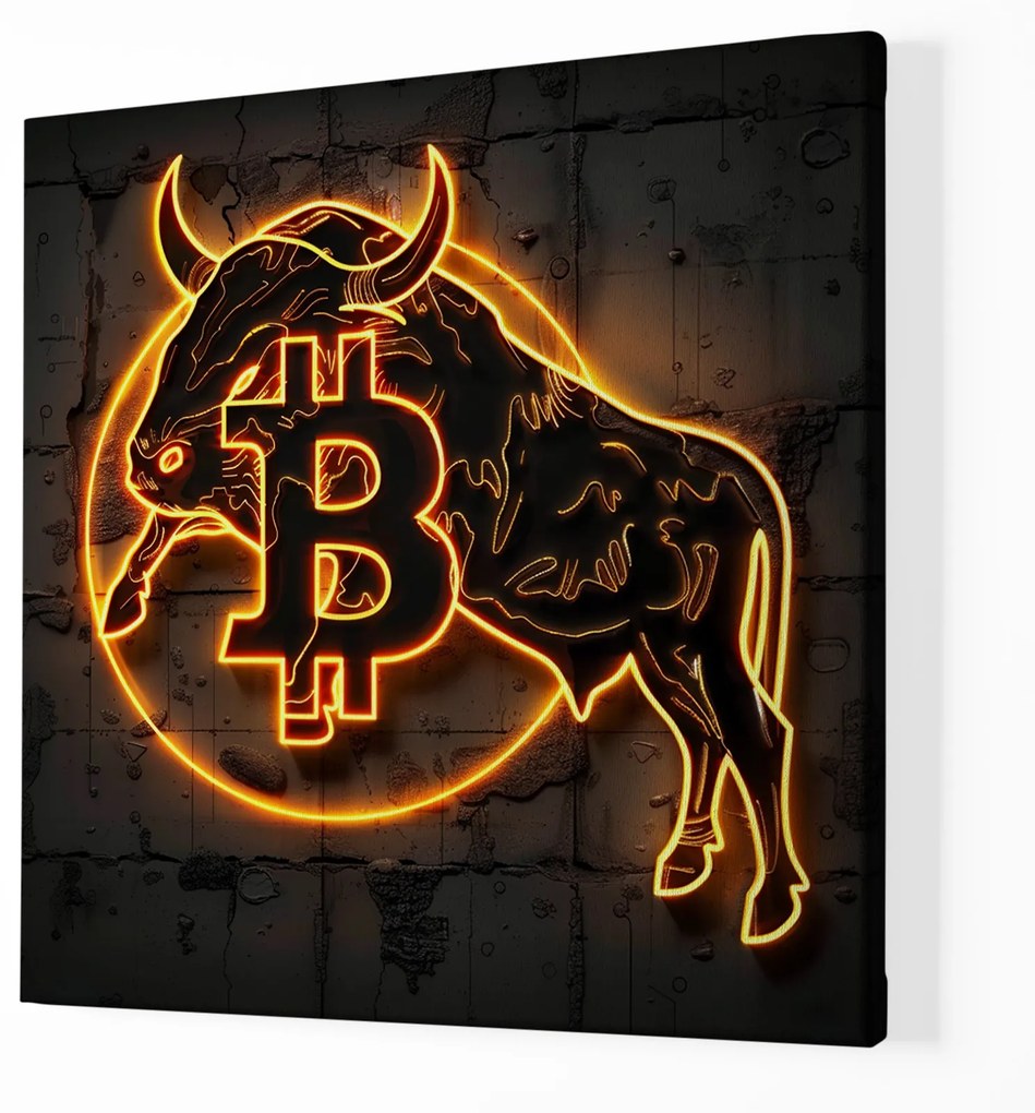 Obraz na plátně - Bitcoin Býk, neon logo FeelHappy.cz Velikost obrazu: 100 x 100 cm