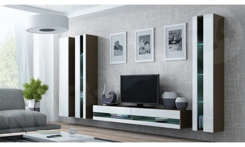 Obývací stěna Zigo New VI, Osvětlení: osvětlení LED - bílé, Barva: šedá / šedá lesk