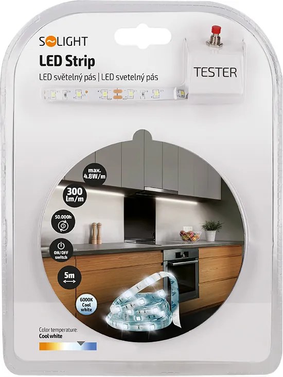 Solight LED světelný pás s testrem, 5m,  sada s 12V adaptérem, 4,8W/m, IP20, studená bílá