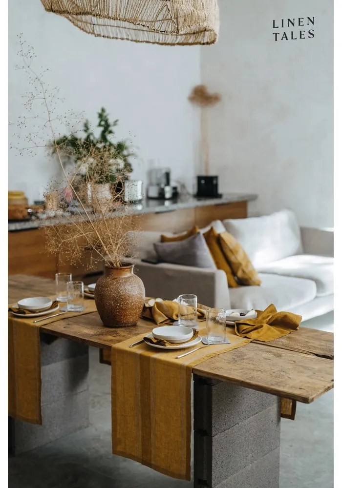 Lněný běhoun na stůl 200x200 cm Amber Bronze Stripes – Linen Tales