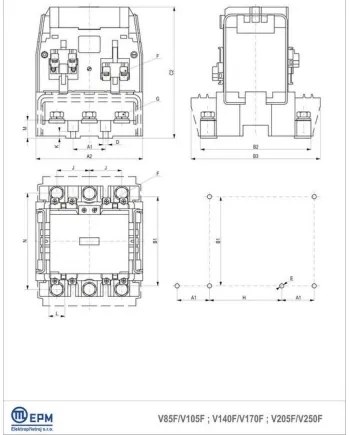 Stykač 250A 3P Elektropřístroj V250F 220-230V/50HZ 2NO+2NC