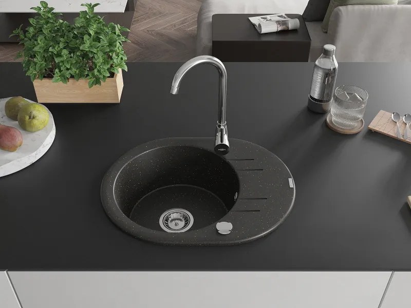 Mexen Kevin, granitový dřez 586x458x190 mm, 1-komorový, černá - zlatá metalíza, 6517581005-75
