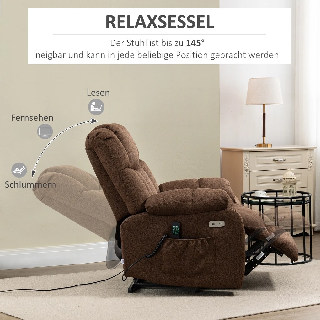 HOMCOM Elektrické televizní křeslo se stojanem Relaxační křeslo s dálkovým ovládáním s napájecím kabelem 58W Hnědá ocel Polyester 92 x 95 x 107 cm