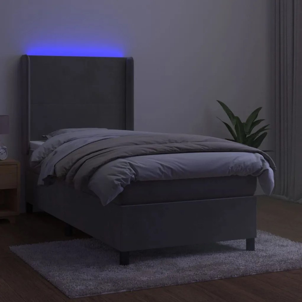 Box spring postel s matrací a LED světle šedá 90x190 cm samet 3139415