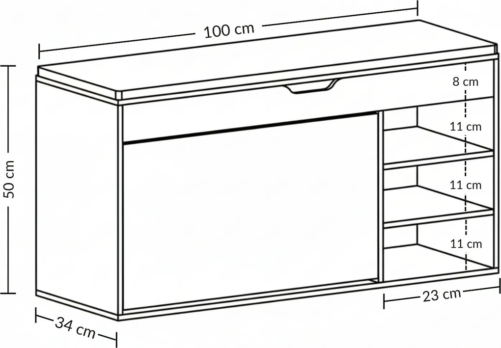 Botník hnědý se sedákem a výsuvnými policemi GRADIA, 100 x 34 x 50 cm